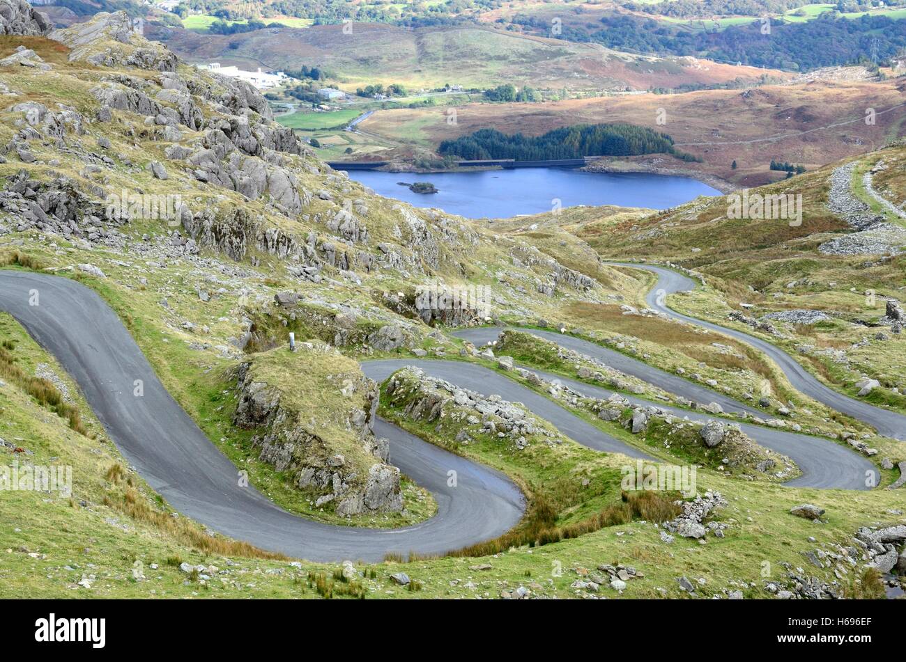 Narrow winding road with six hairpins bends from Tanygrisiau to Llyn ...