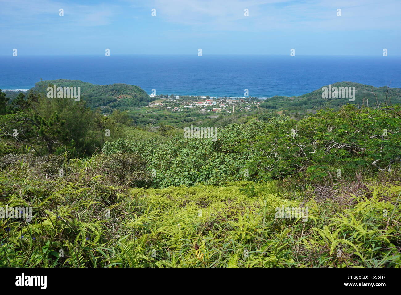 Viewpoint from the heights of the island of Rurutu with the coastal ...