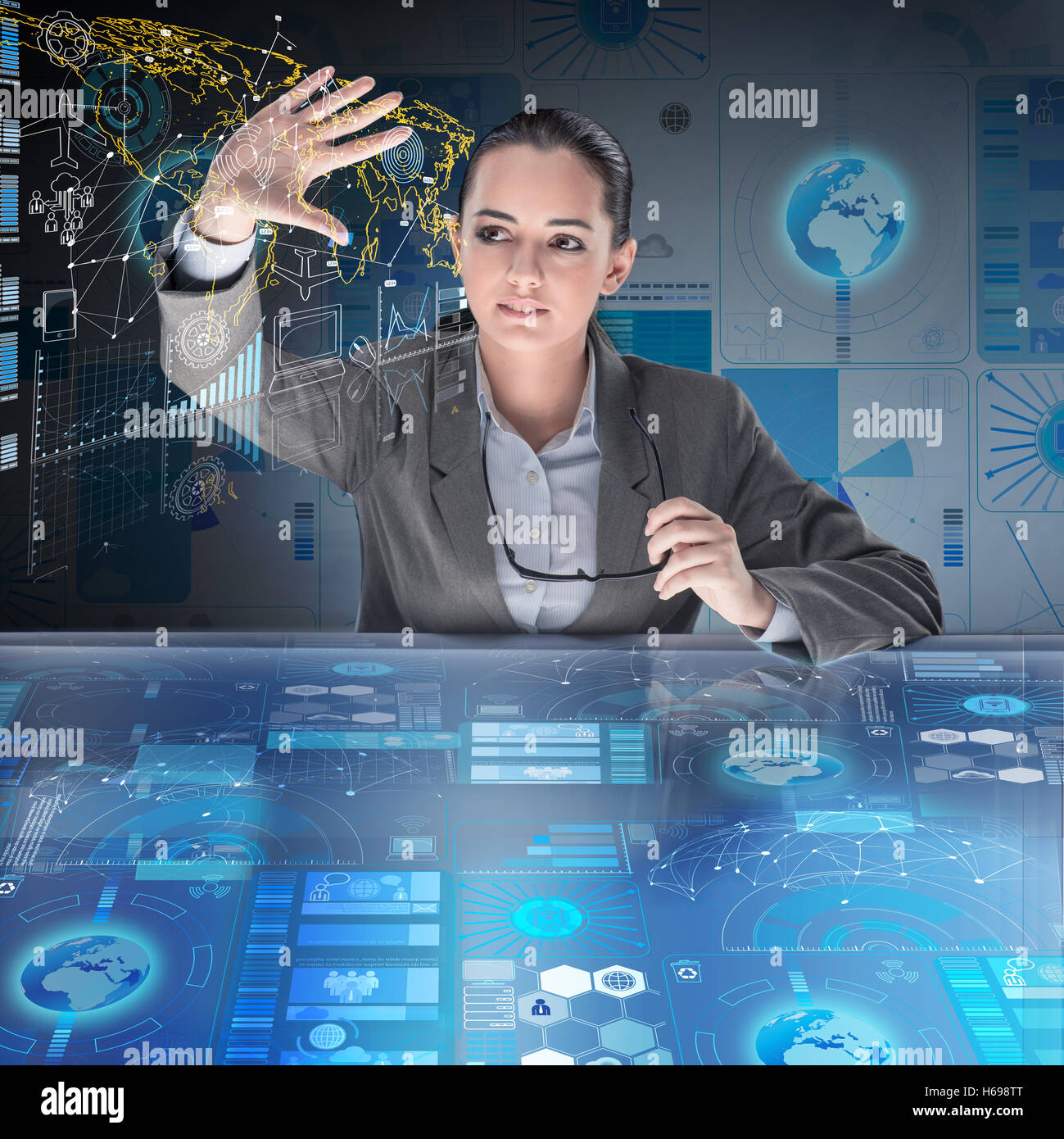 Futuristic media sharing concept with woman Stock Photo - Alamy