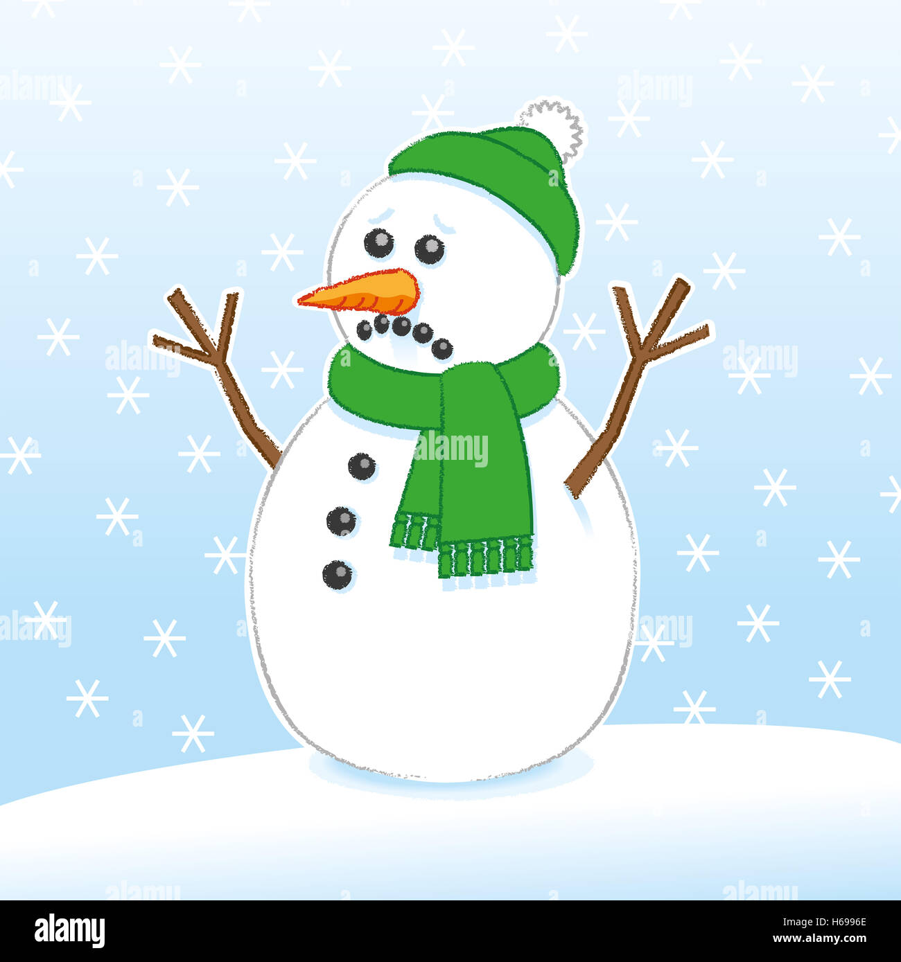 Sad Surprised Snowman with Carrot and Coal face wearing Green Scarf and ...