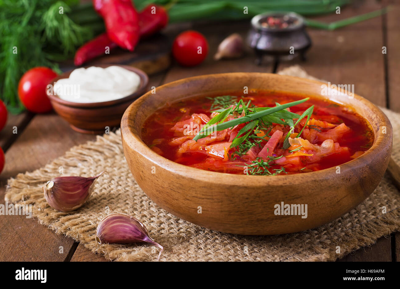 Traditional Ukrainian Russian vegetable borscht on the old wooden ...