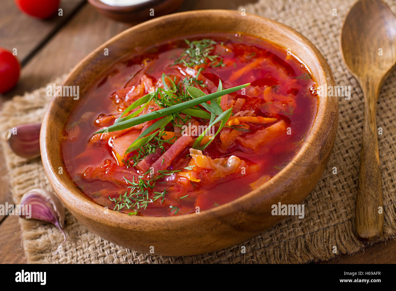 Traditional Ukrainian Russian vegetable borscht on the old wooden ...
