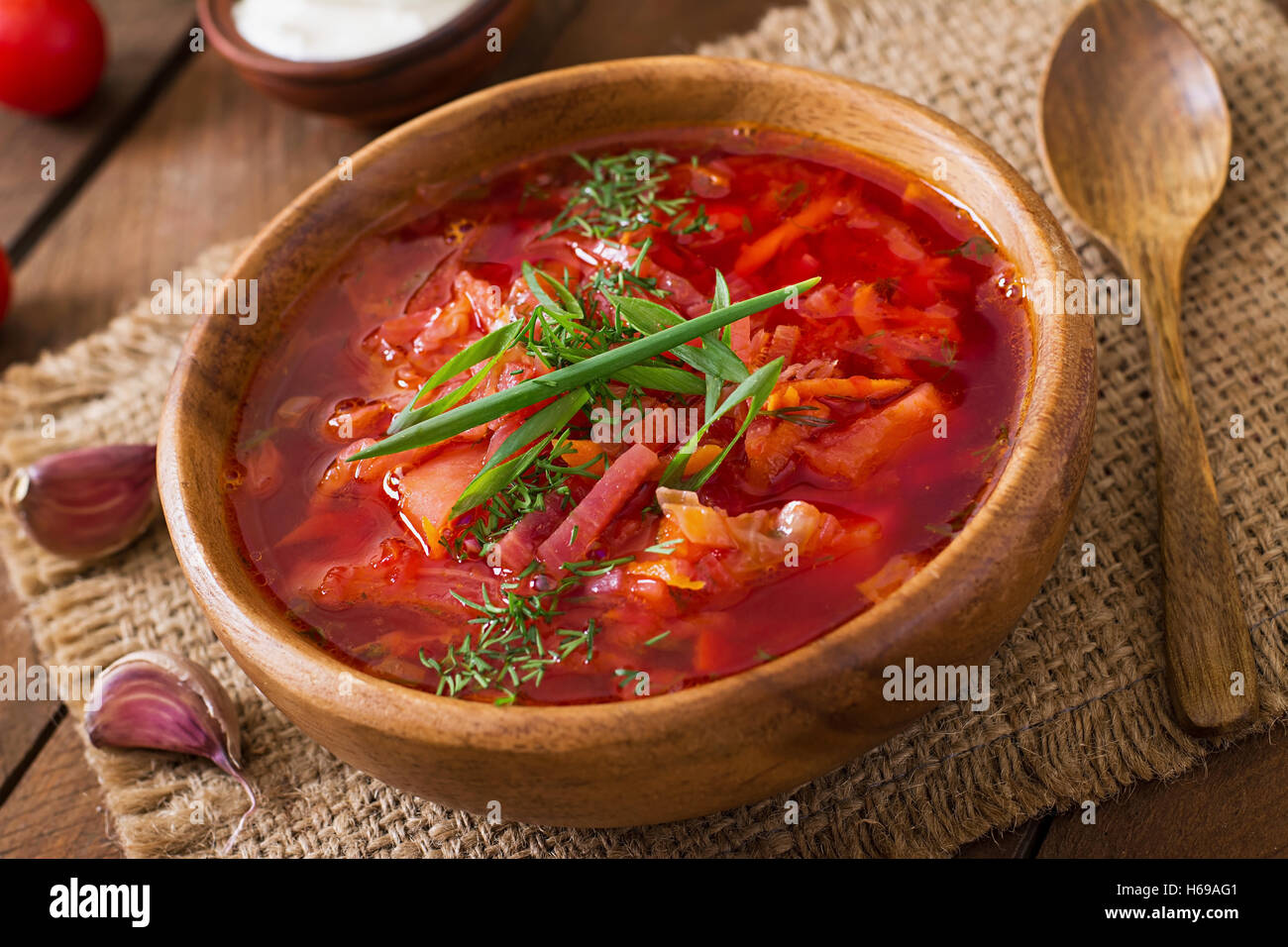Traditional Ukrainian Russian vegetable borscht on the old wooden ...