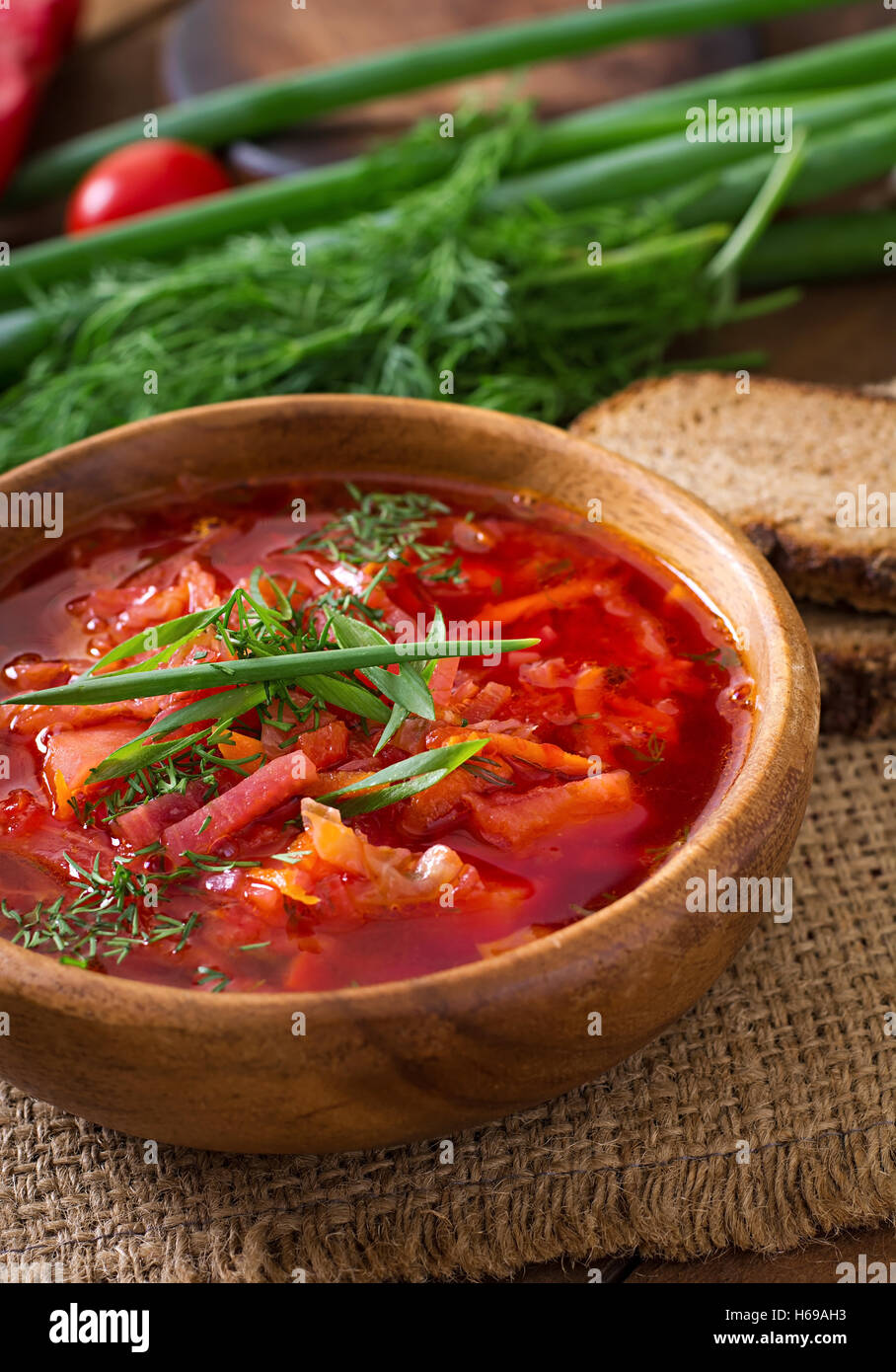 Traditional Ukrainian Russian vegetable borscht on the old wooden ...