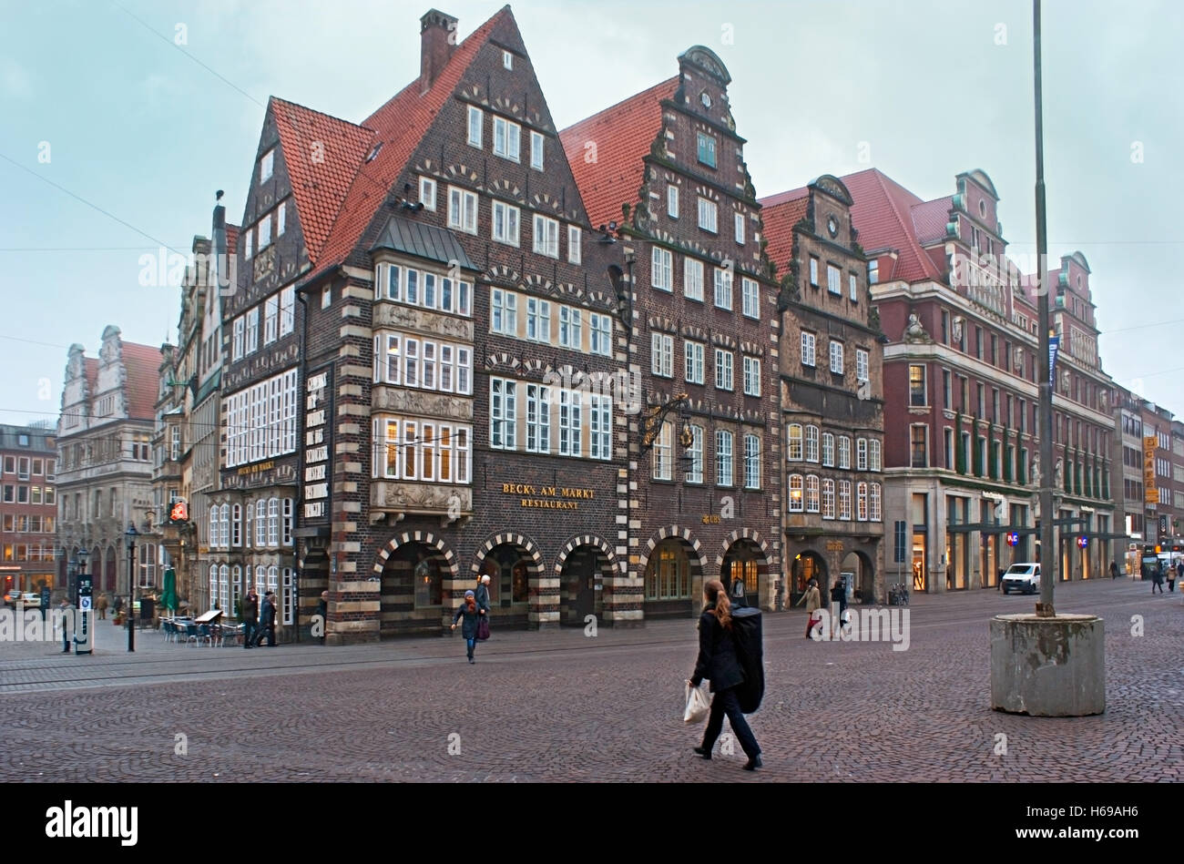 The traditional medieval brick houses with the stores, souvenir shops ...