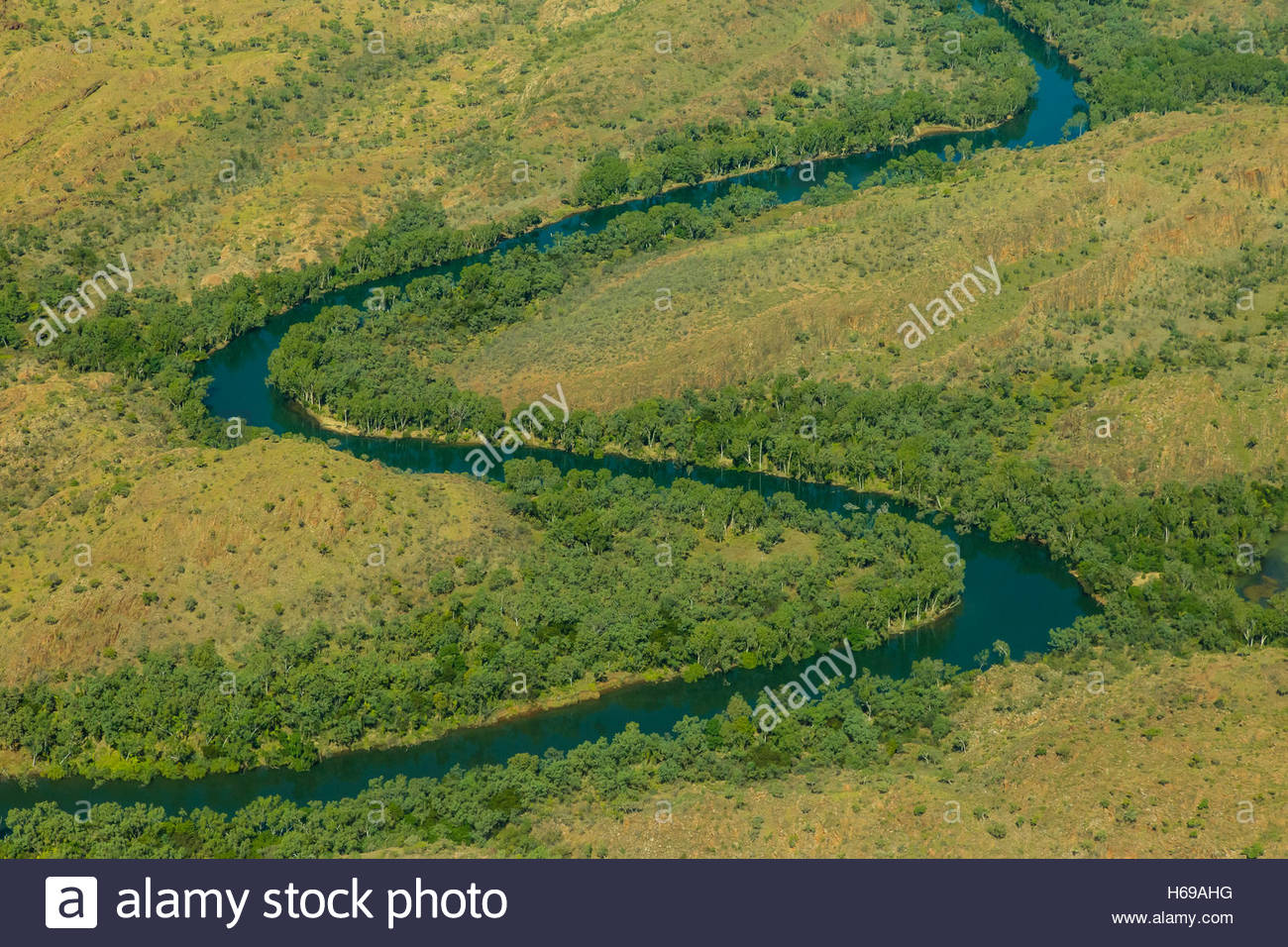 An aerial view of meanders on the Ord River in the Kimberley Region of ...