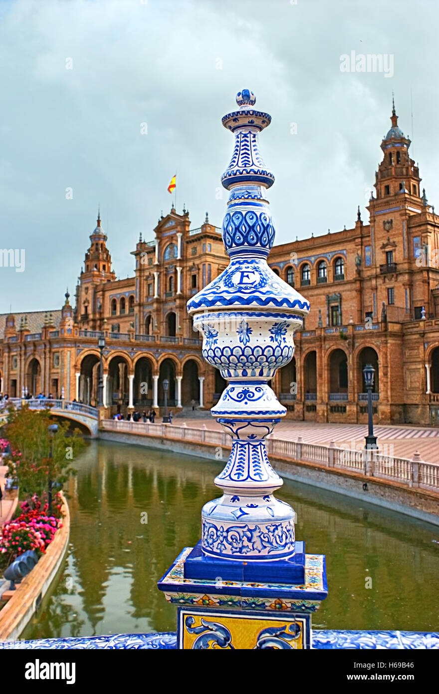 The Spain Square is richly decorated with painted ceramic elements and ...