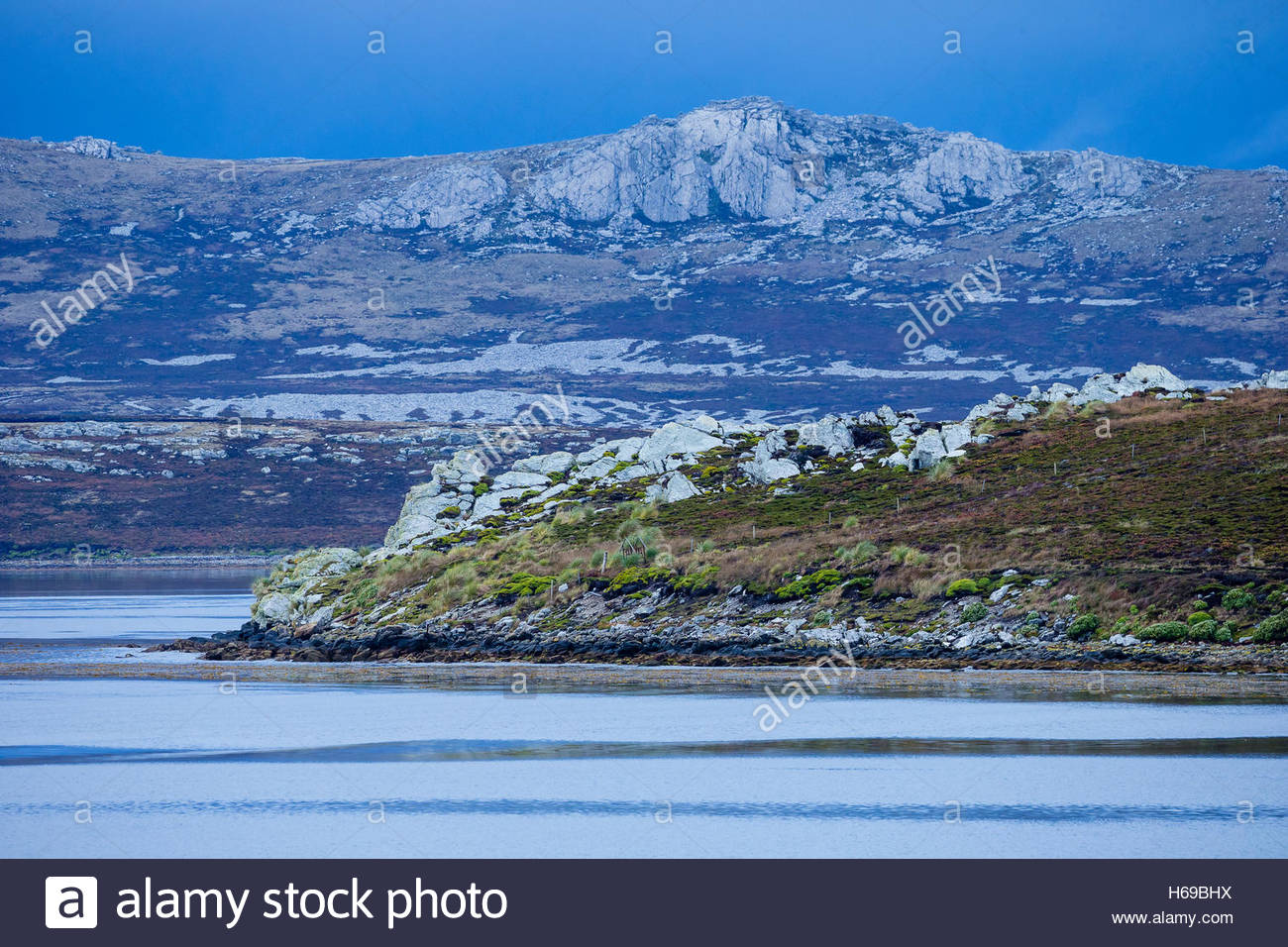 A rocky landscape in Port Stanley on Steeple Jason Island in the ...