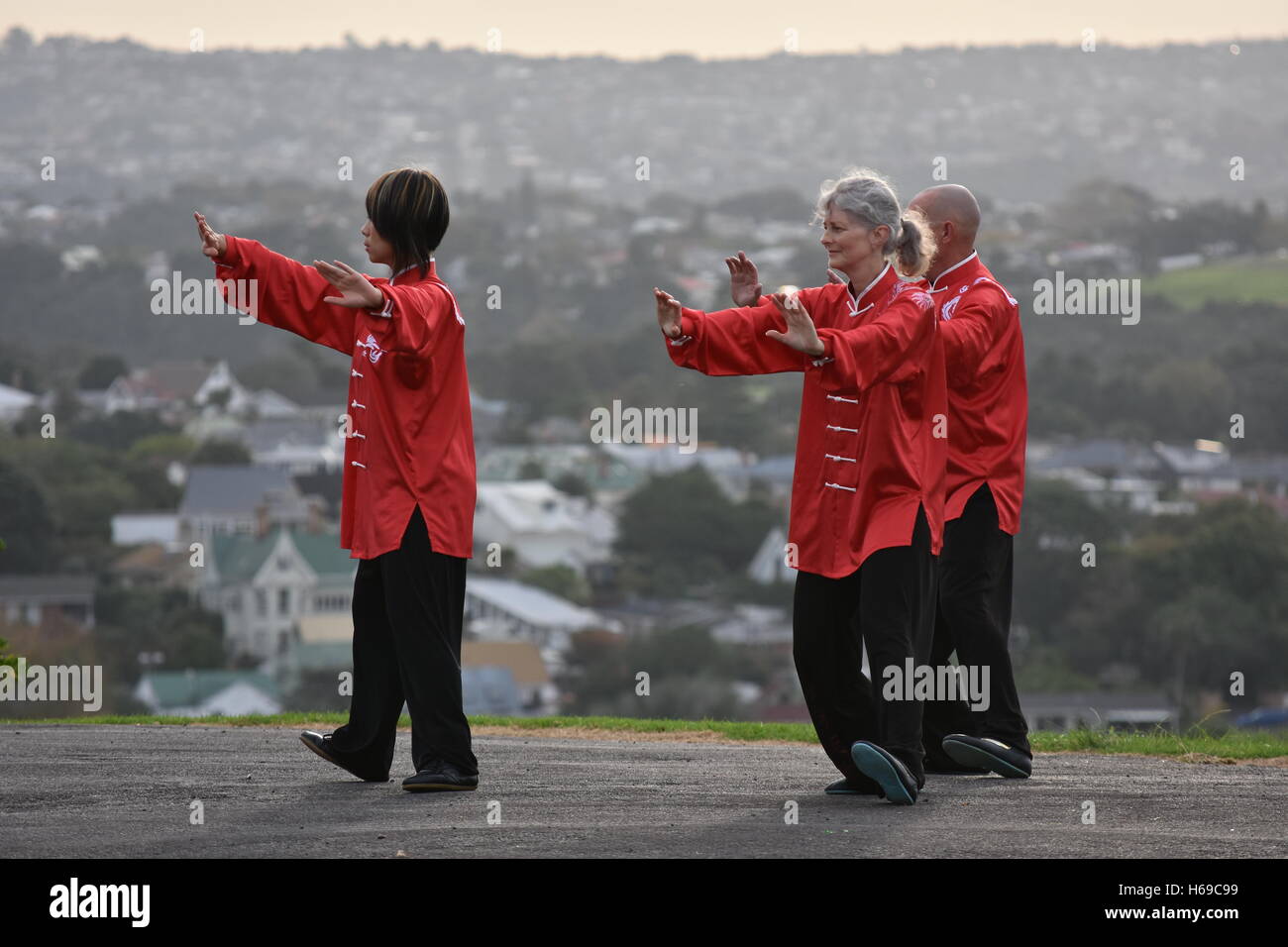 Tree people in traditional costumes performing Tai Chi form Stock Photo ...