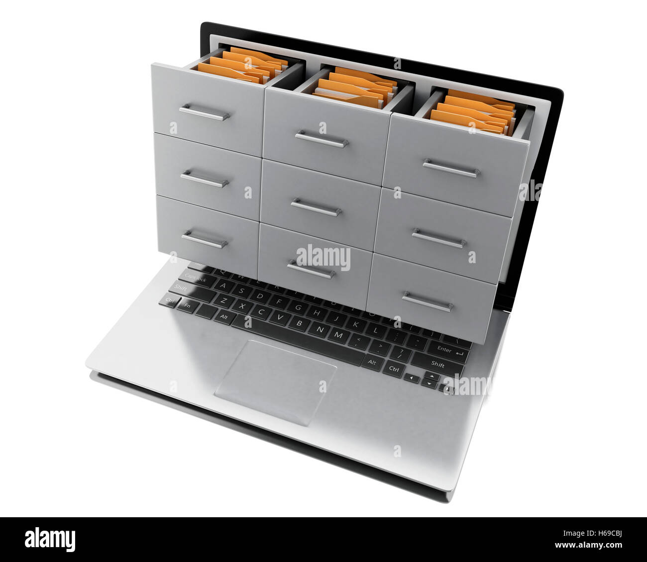 3d renderer image. Files and folders in laptop. Archive concept ...