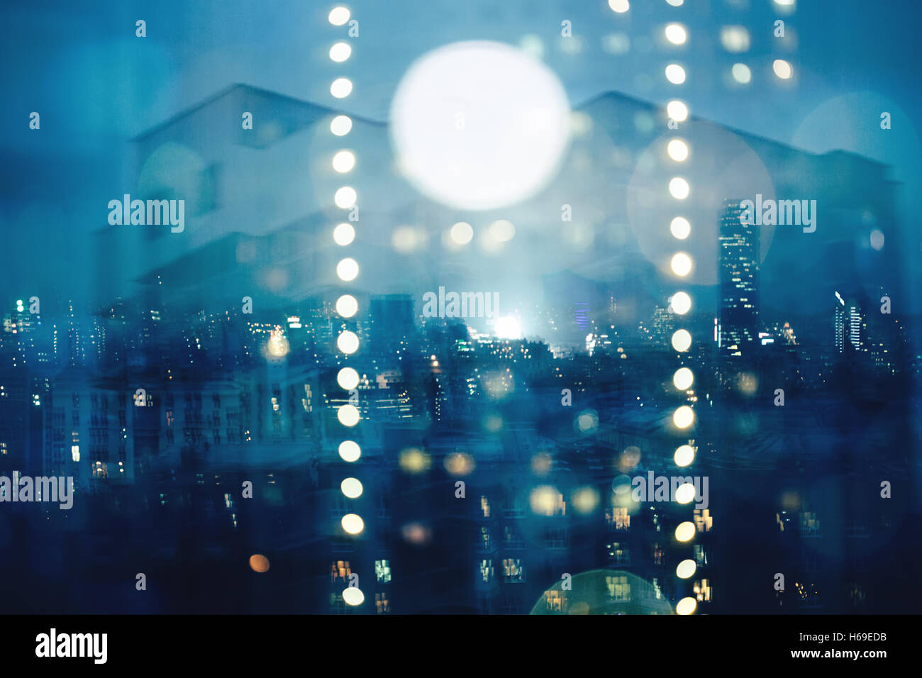 Blue abstract blurred cityscape background with night lights Stock ...