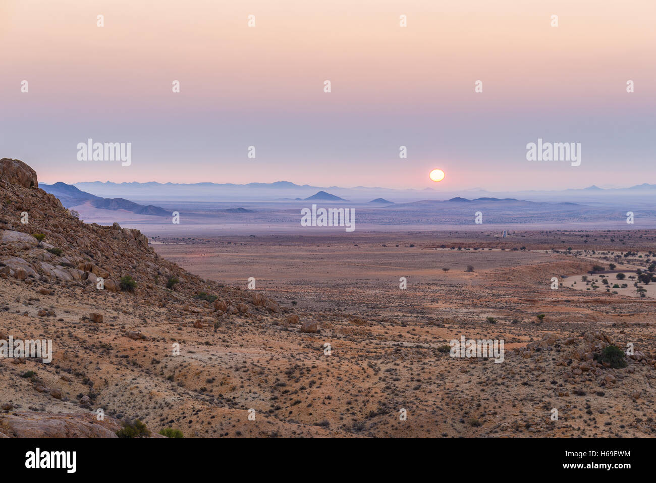 Colorful sunset over the Namib desert, Aus, Namibia, Africa. Orange red ...