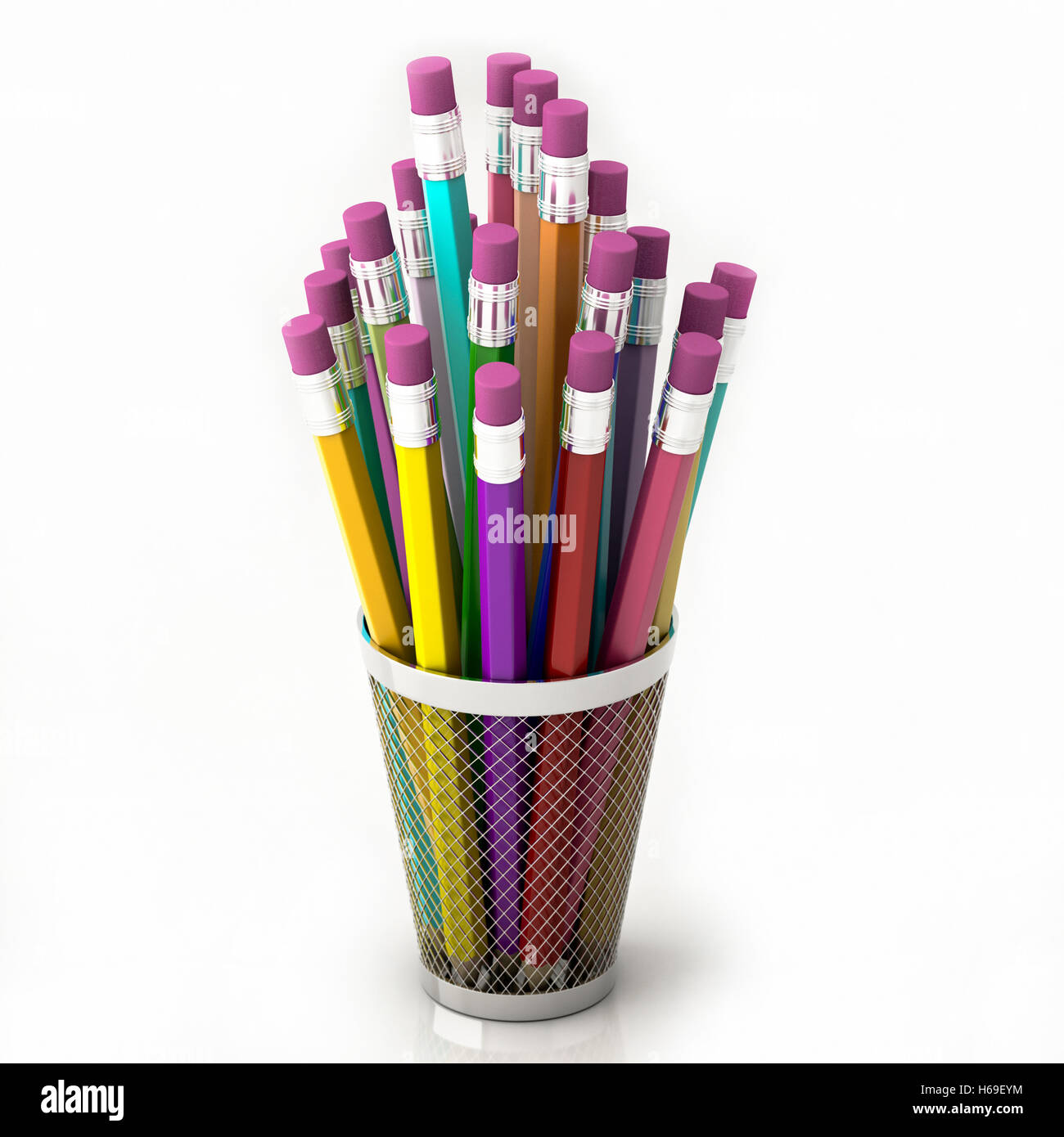 colored pencils in basket isolated on white background 3d illustration ...