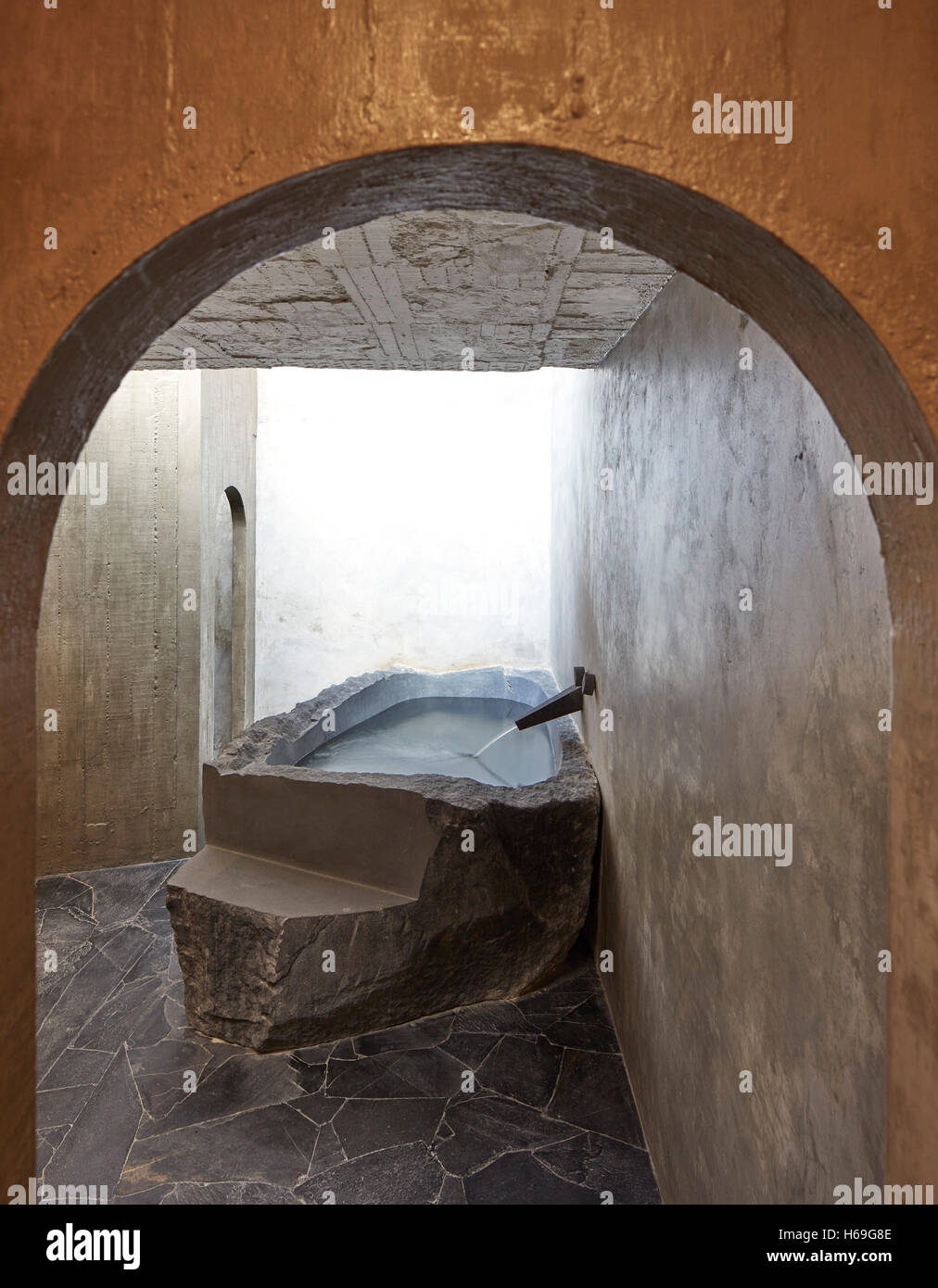Main bathroom with carved bath. Pedro Reyes House, Mexico City, Mexico ...