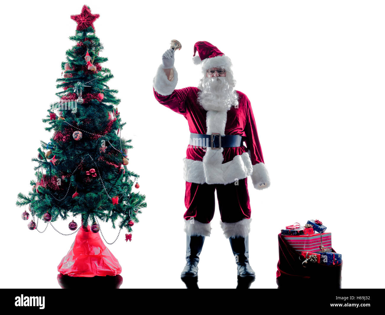 one santa claus man and christmas tree silhouette isolated on white ...