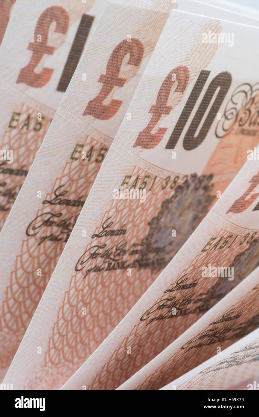 Fanned out UK old design £10 notes close-up photo. Visual metaphor of ...
