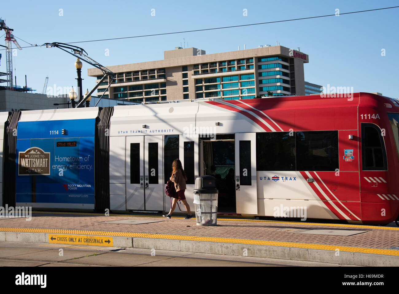 United States of America, USA, Utah, UT, Salt Lake City, tram at stop ...