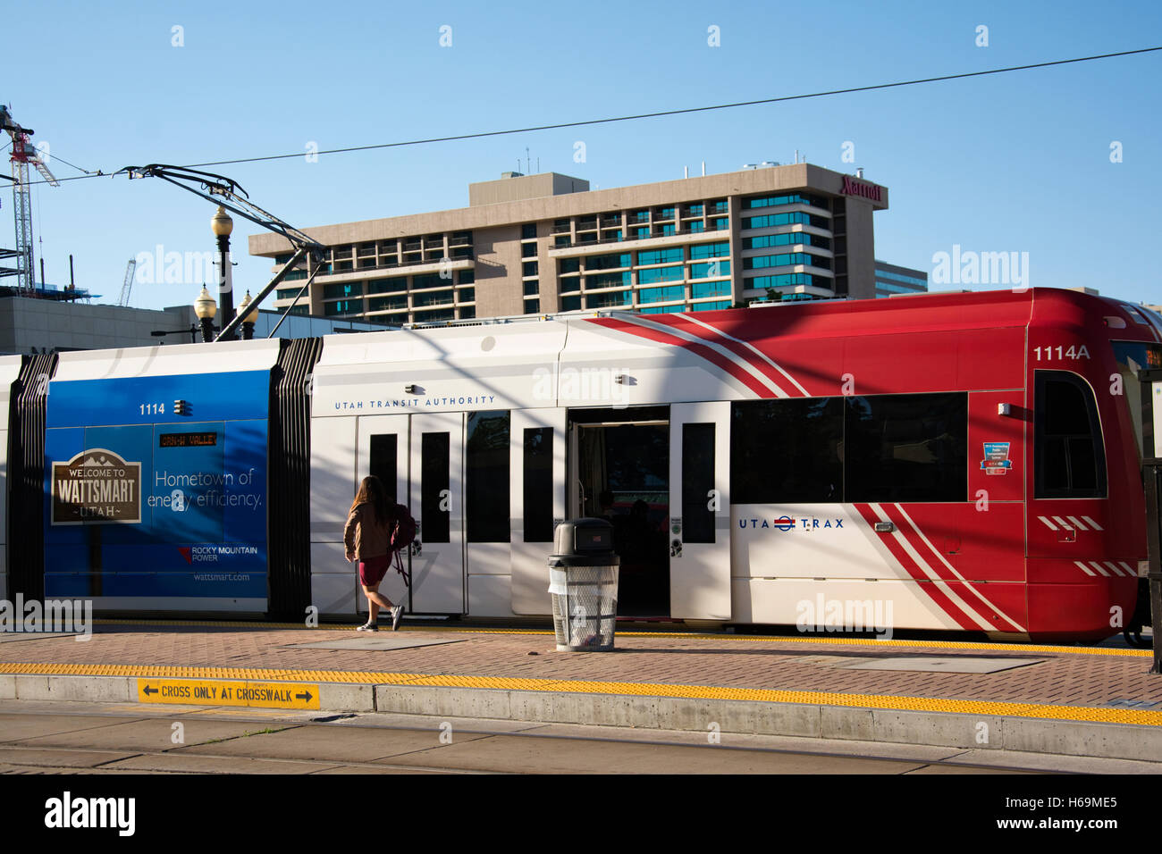 United States of America, USA, Utah, UT, Salt Lake City, tram at stop ...