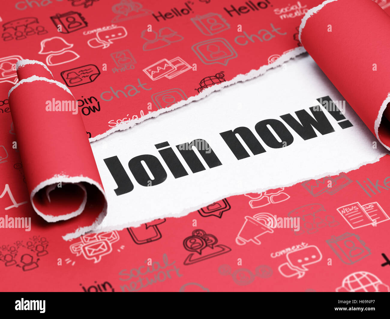 Social network concept: black text Join now! under the piece of torn ...