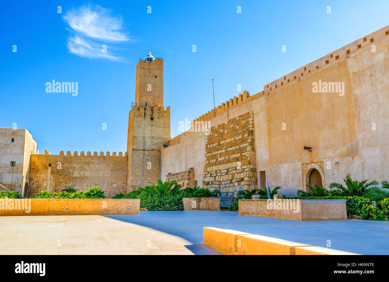 The courtyard of sousse Kasbah with the high tower being used as the ...