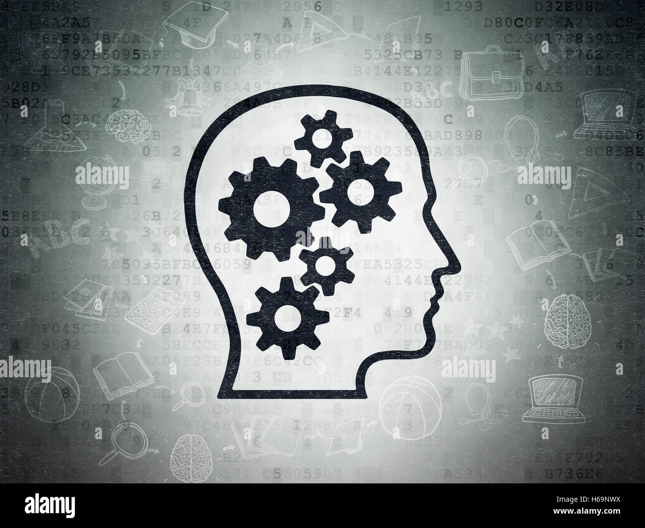 Learning concept: Head With Gears on Digital Data Paper background ...
