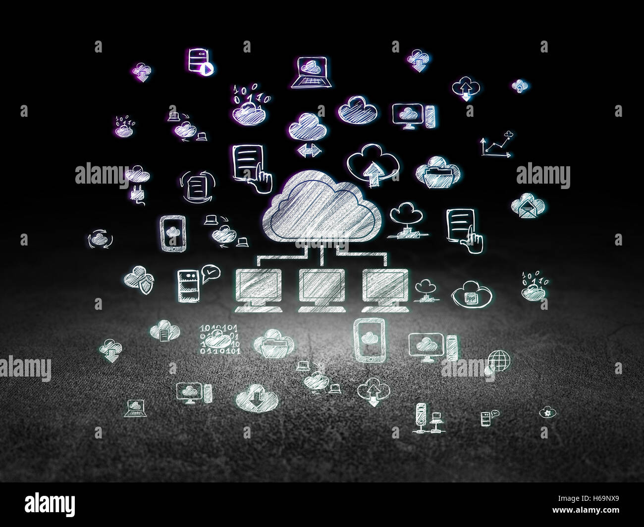 Cloud computing concept: Cloud Network in grunge dark room Stock Photo ...