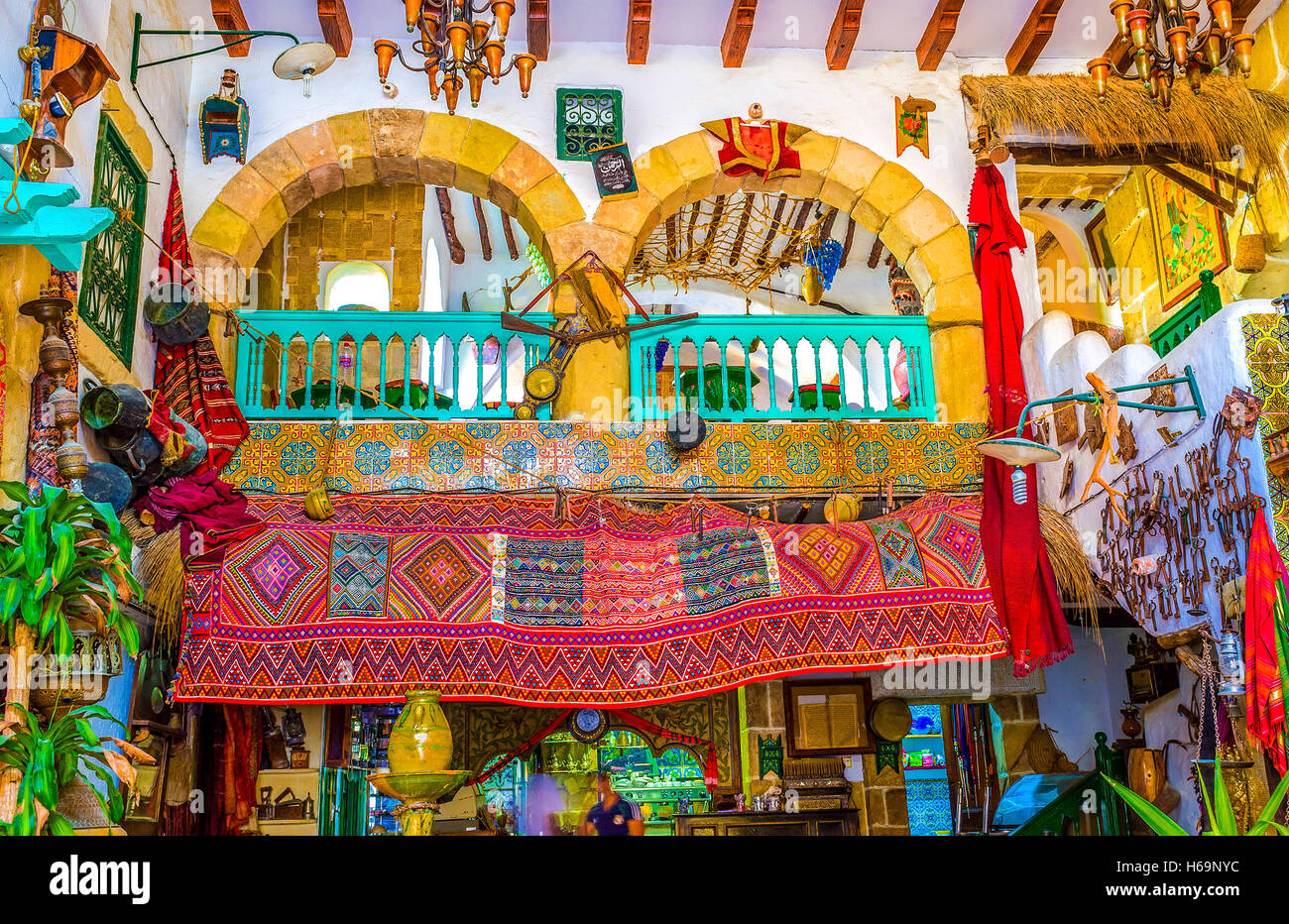 The interior of vintage arabic restaurant looks like festive, because ...