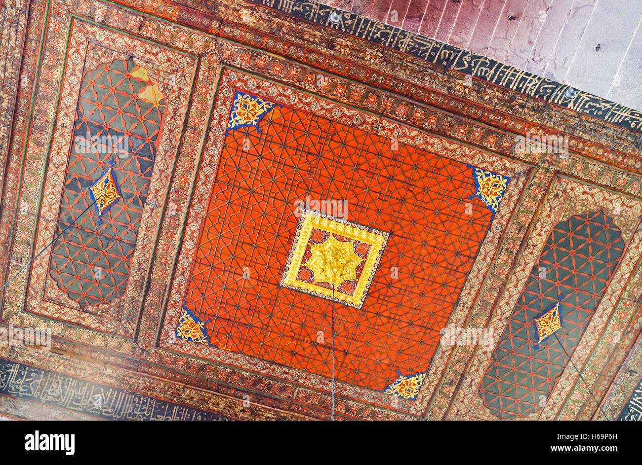 The carved wooden ceiling of the Great Mosque with the old traditional ...