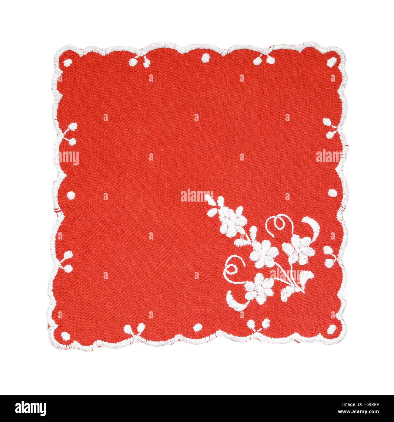 Embroidered red and white tablecloth isolated on white background Stock ...