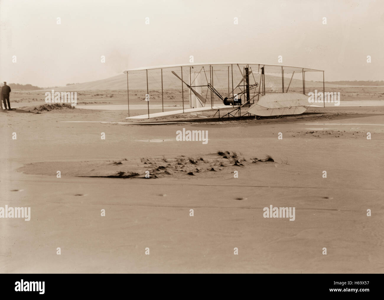 Close-up view of damaged 1903 machine, rudder frame broken in landing ...