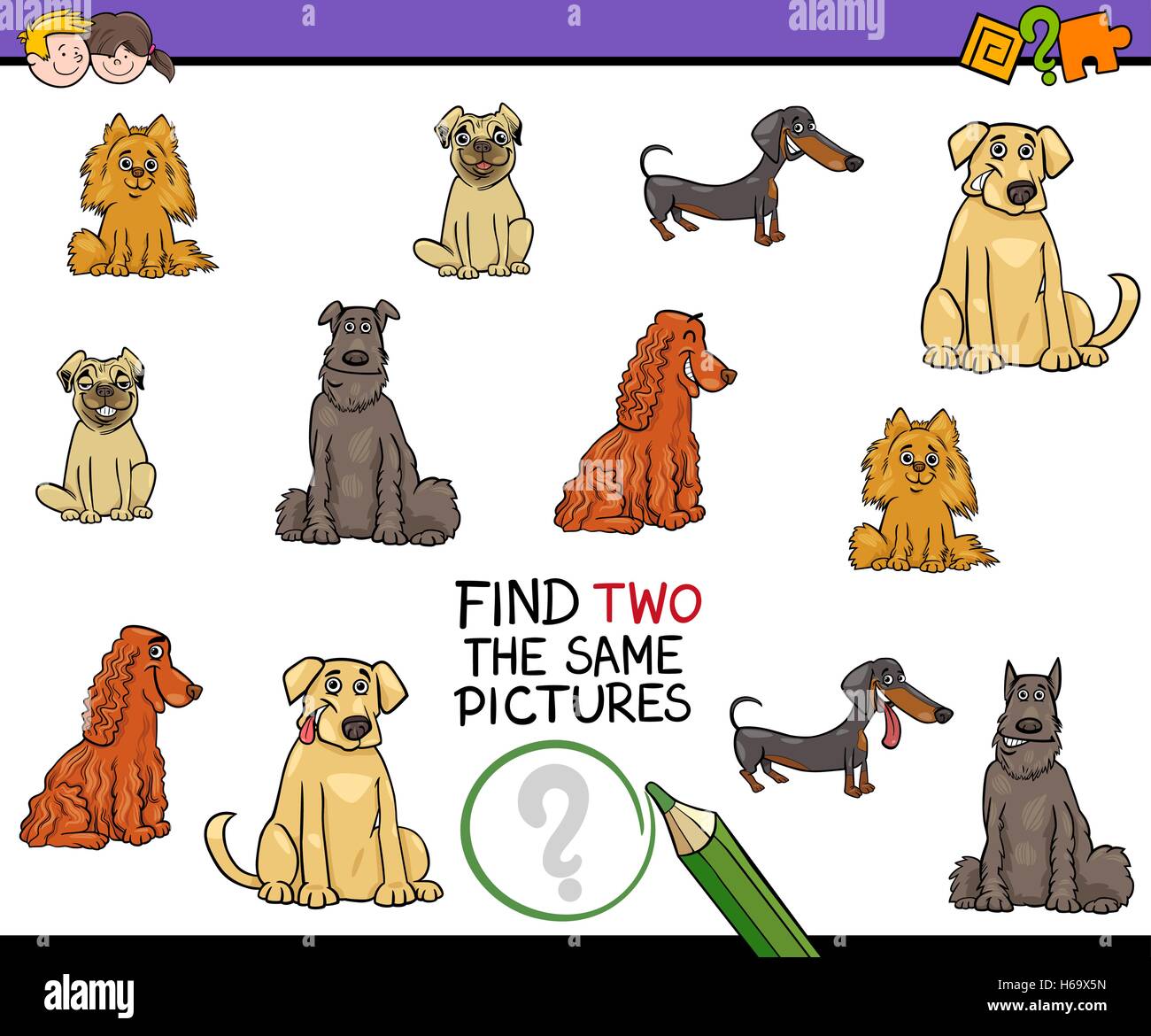 Cartoon Illustration of Find Two Exactly the Same Pictures Educational ...