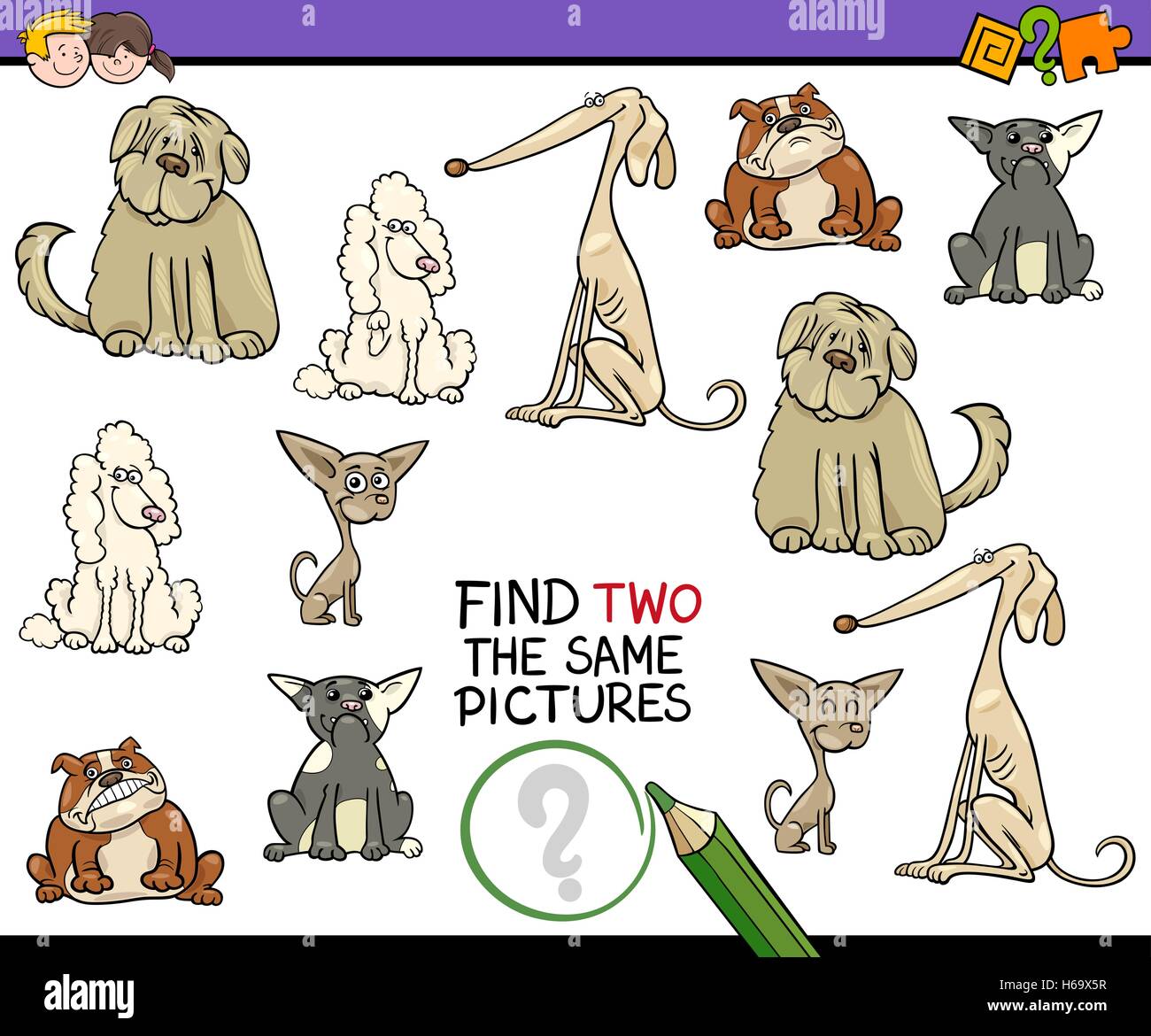 Cartoon Illustration of Find Two Exactly the Same Pictures Educational ...