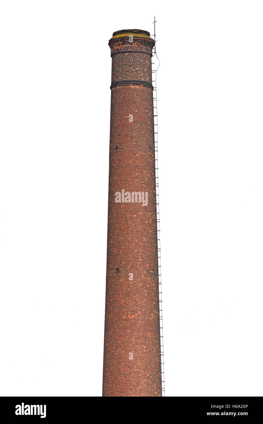 Isolated old aged weathered tall industrial factory chimney, red grungy ...