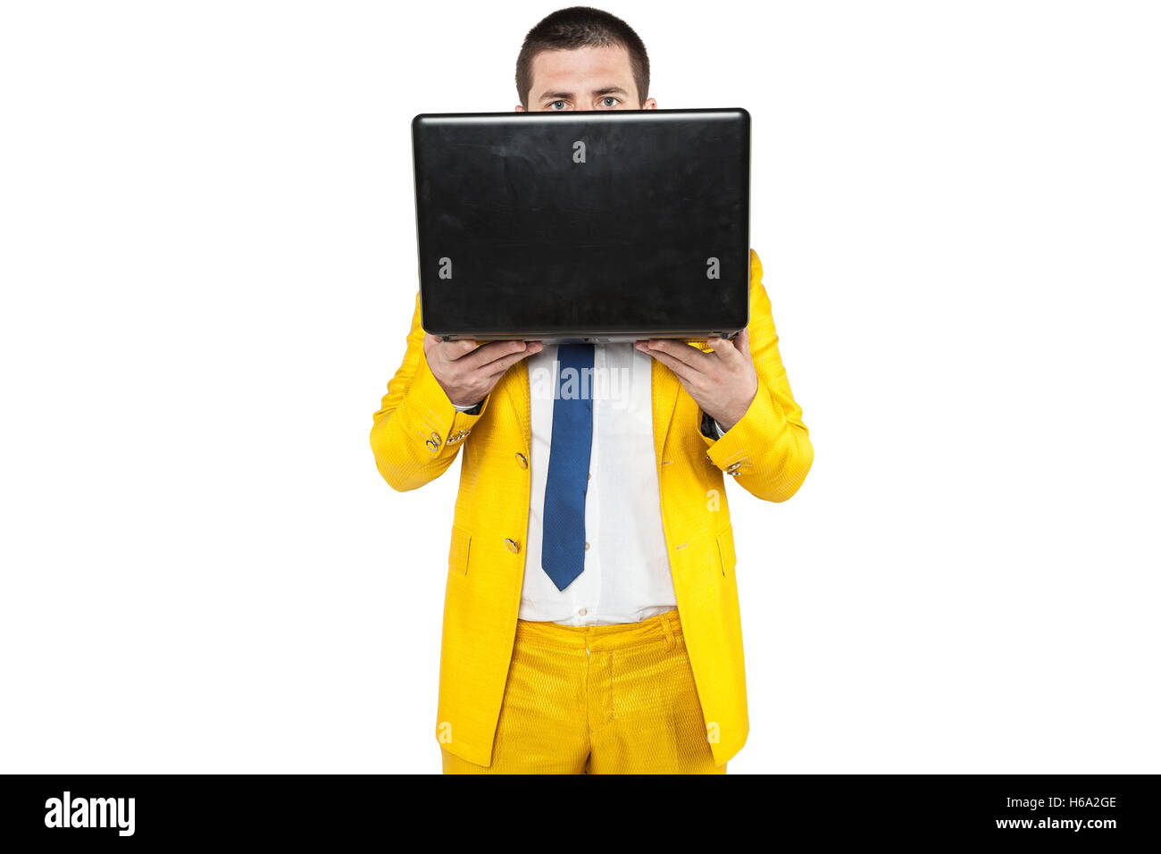 businessman is hiding behind a computer Stock Photo - Alamy