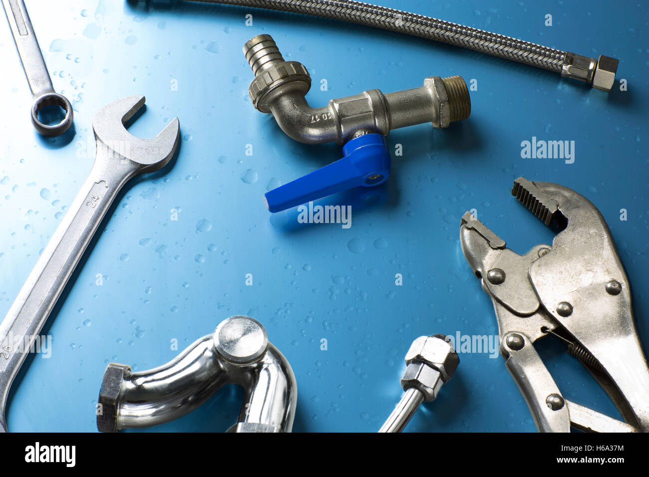 overhead of an essential tool kit for plumber Stock Photo - Alamy