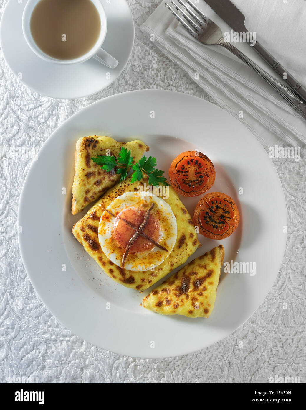 Buck rarebit. Grilled cheese topping on toast with a poached egg Stock ...