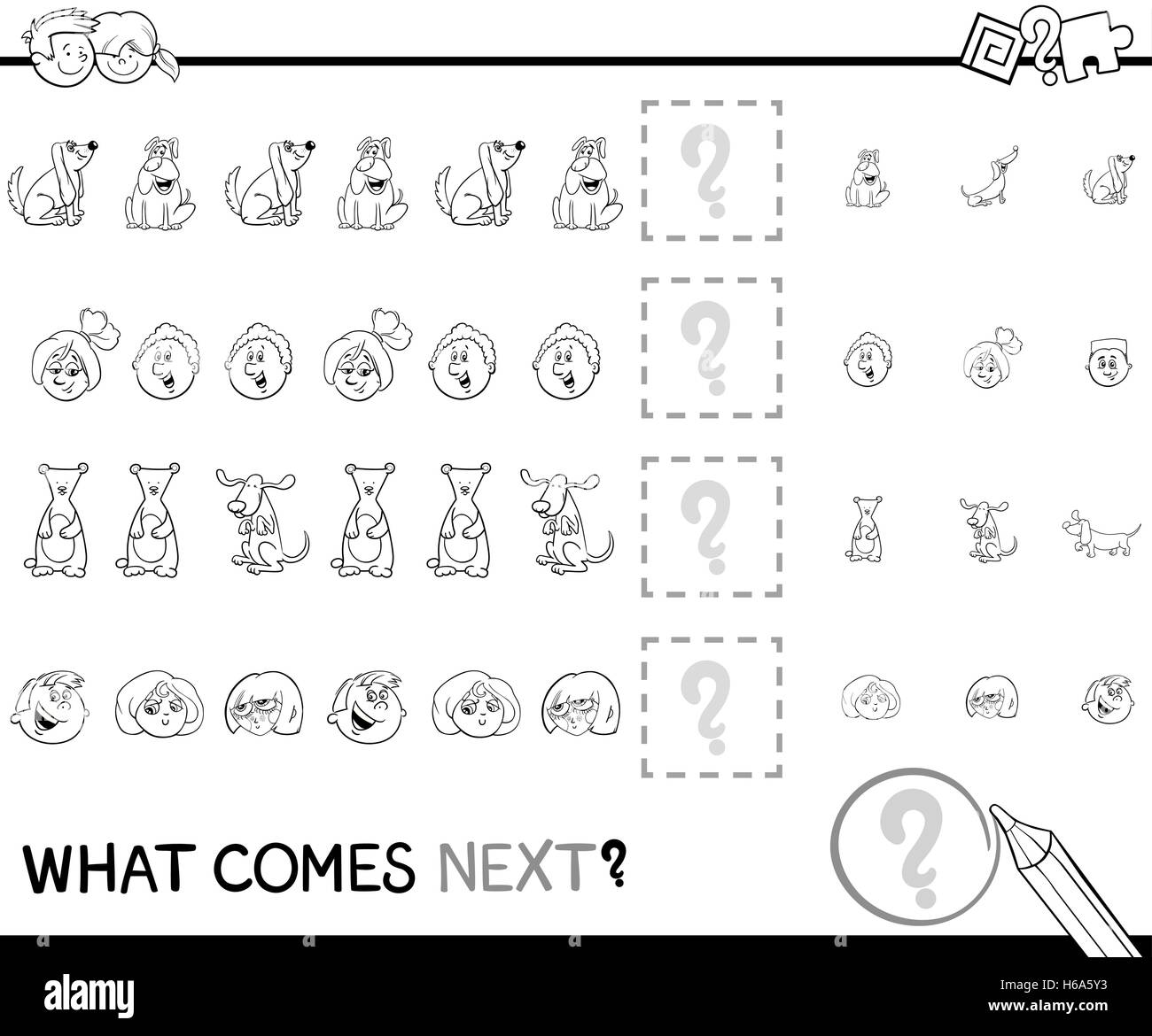 Black and White Cartoon Illustration of Completing the Pattern ...