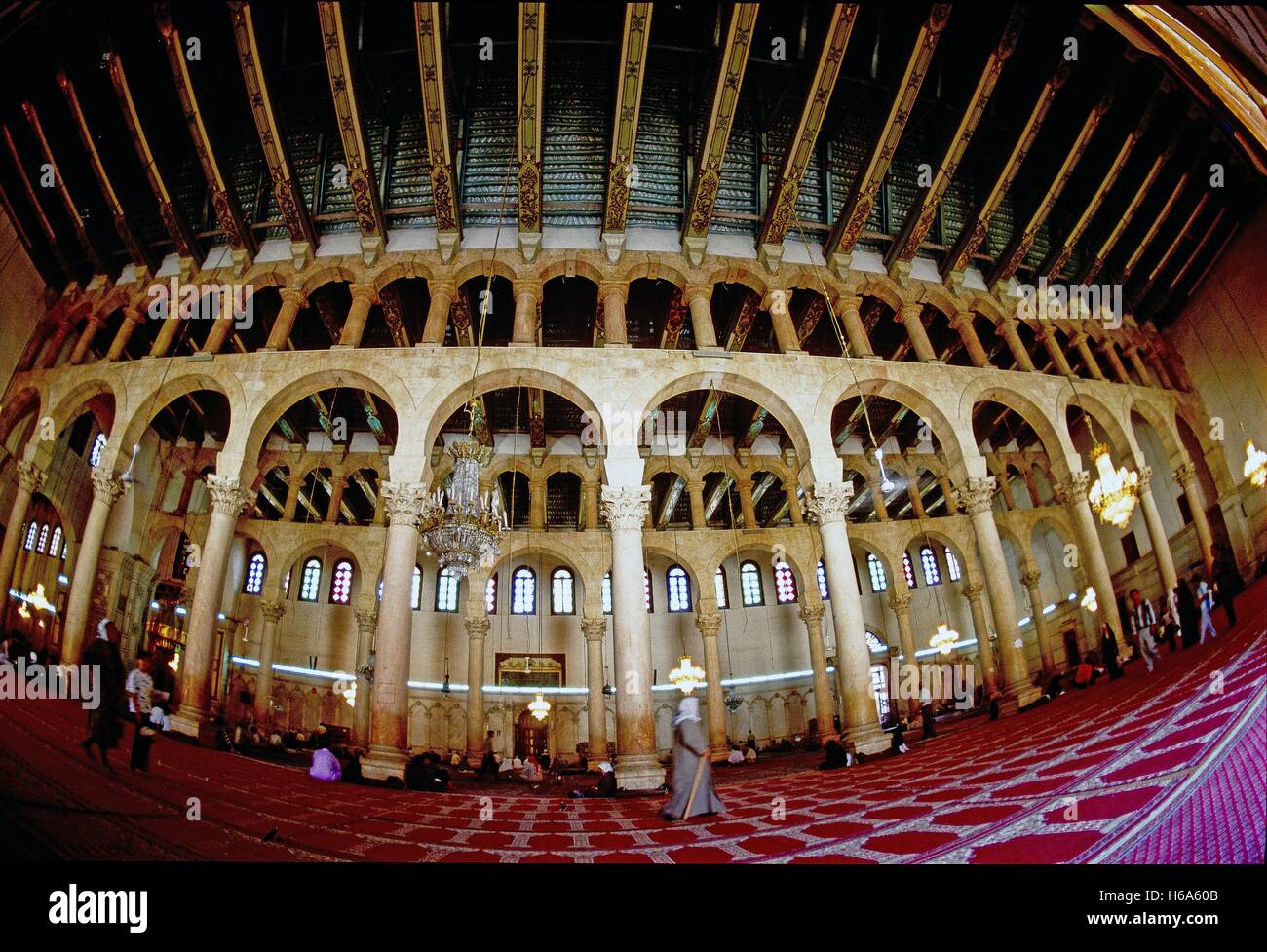Fish-eye view of the 140m-long prayer hall of the Umayyad Mosque in ...