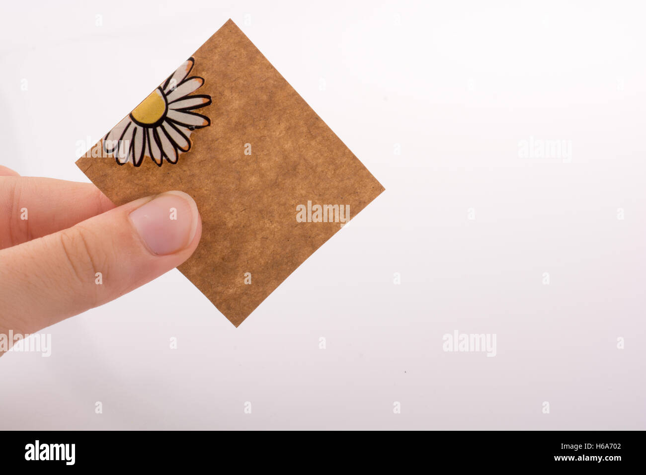 Hand holding a note paper with a floral pattern on a white background ...