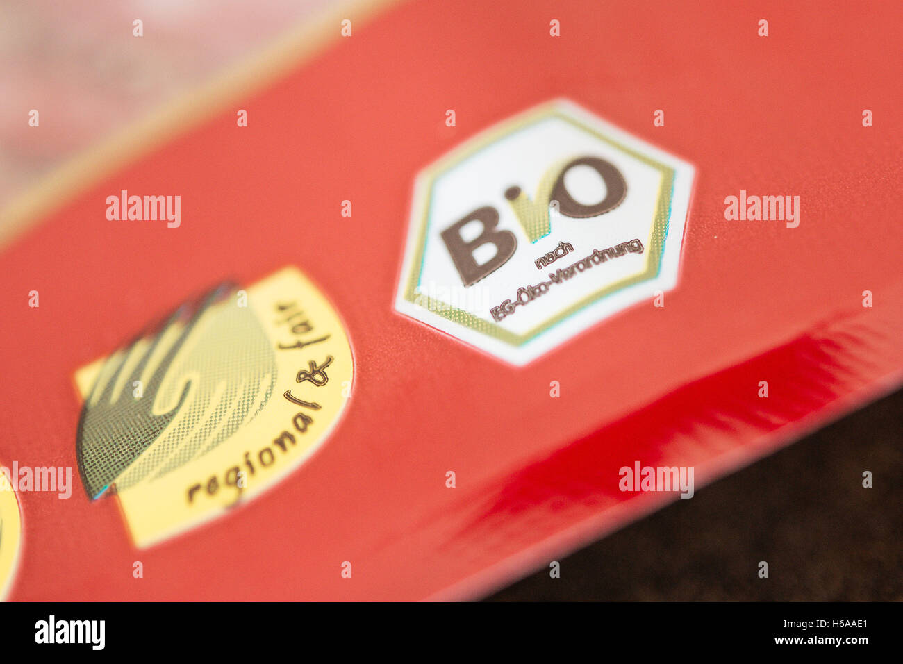 Oberursel, Germany. 04th Oct, 2016. Picture of a bio logo on food ...