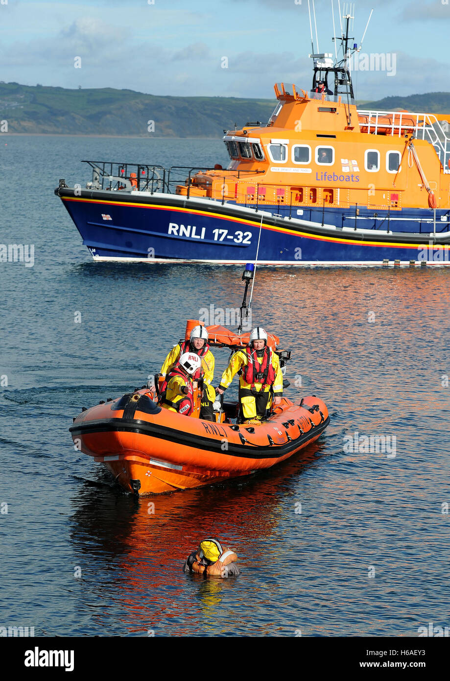RNLI Lifeboat practice a man overboard rescue exercise, Weymouth ...
