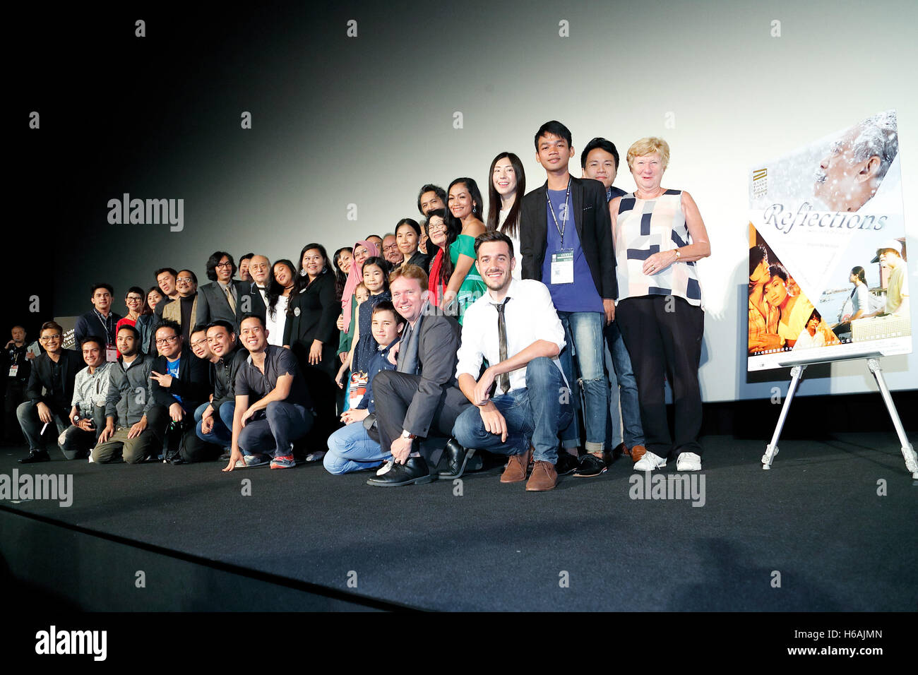 Cast and crew poses for the cameras during a stage greeting for the ...