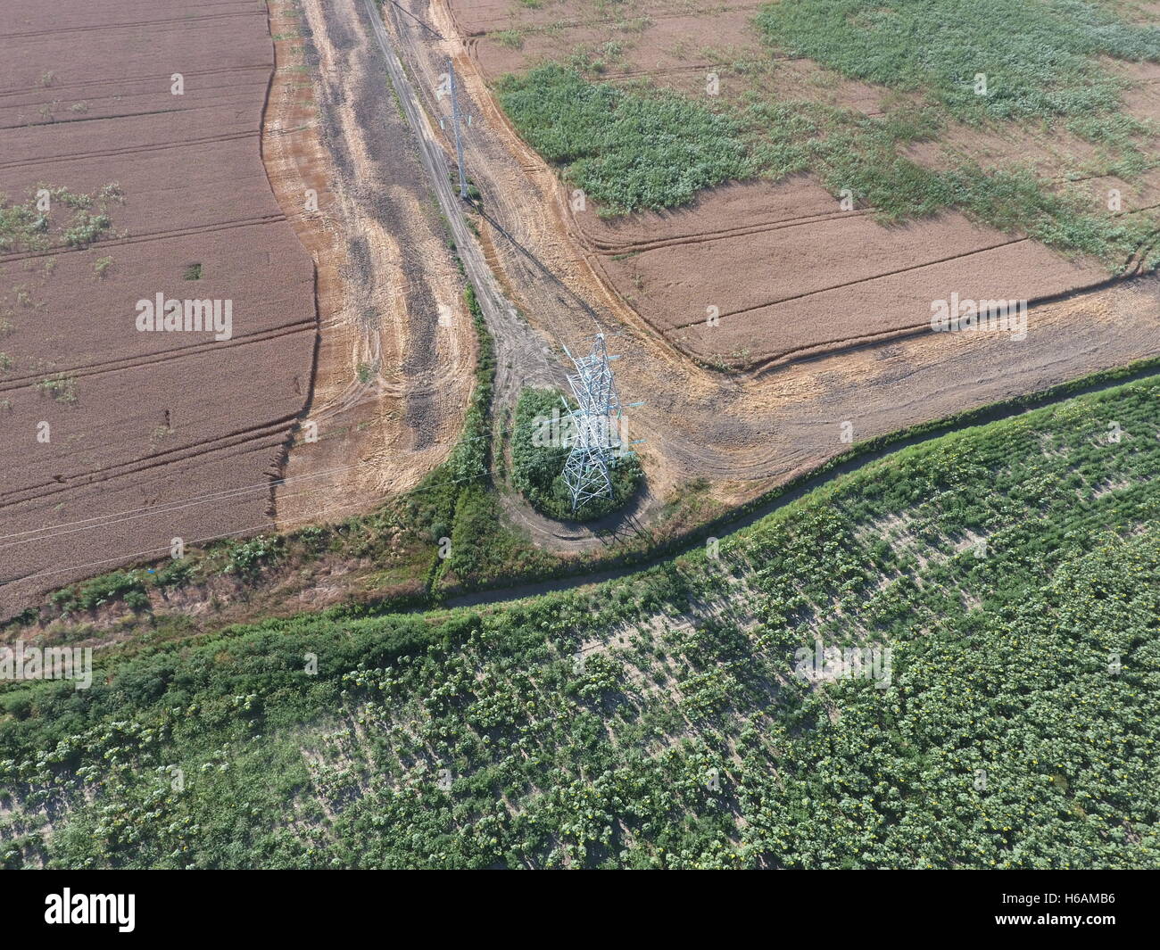 Top view, photos with quadrocopters, the mast power line Stock Photo ...
