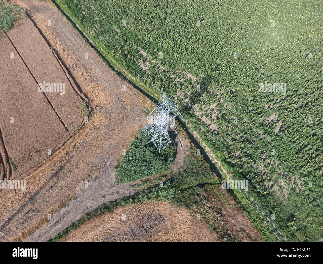 Top view, photos with quadrocopters, the mast power line Stock Photo ...