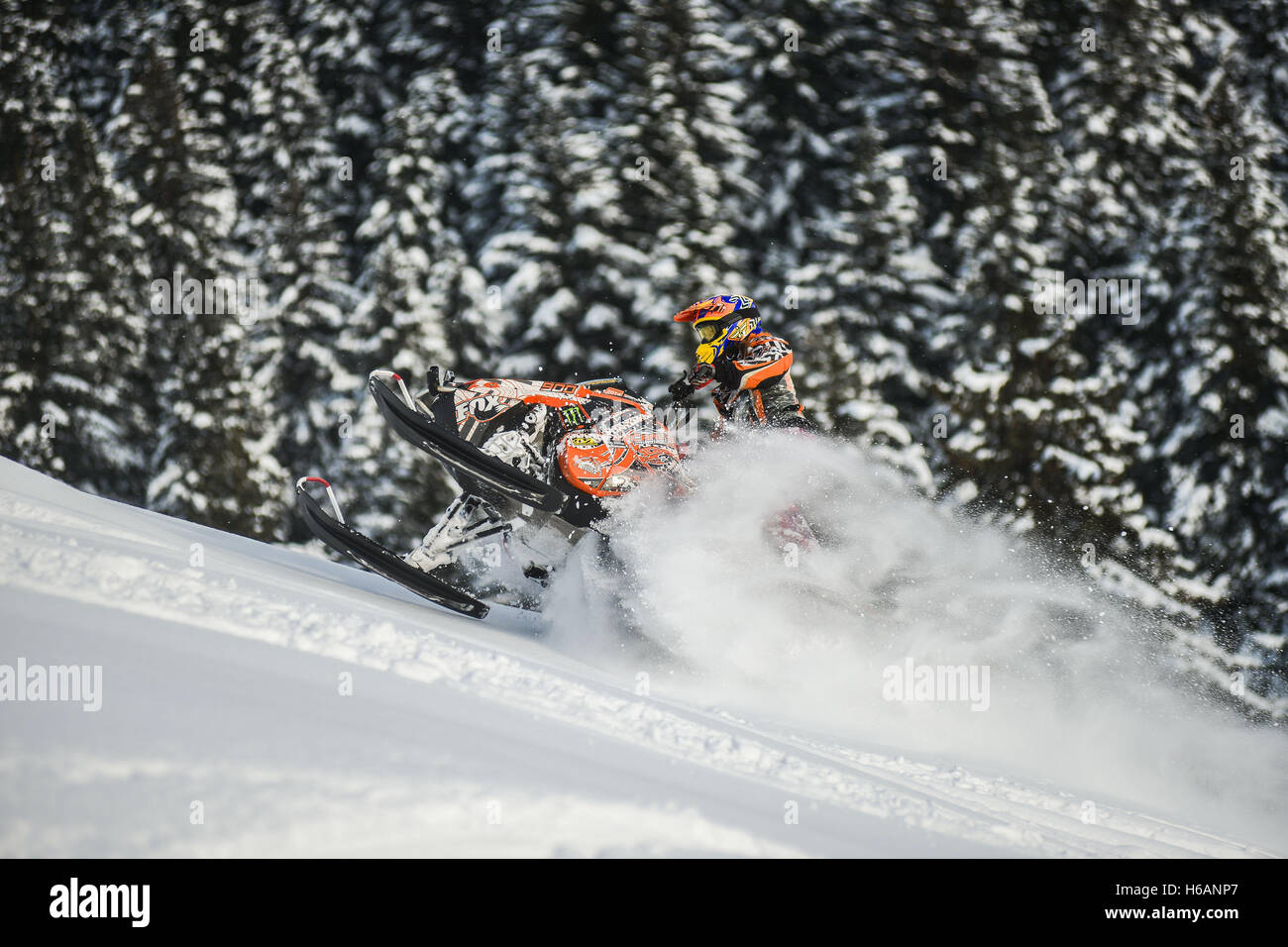 Snowmobile Jumping Extreme Snowmobiling High Resolution Stock ...