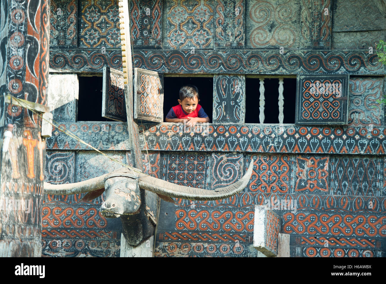 Toraja family pose for camera at the window of Toraja traditional house ...