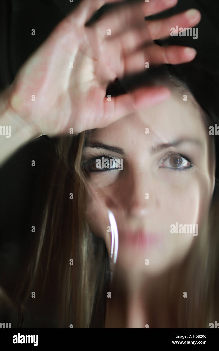 girl face behind glass Stock Photo - Alamy