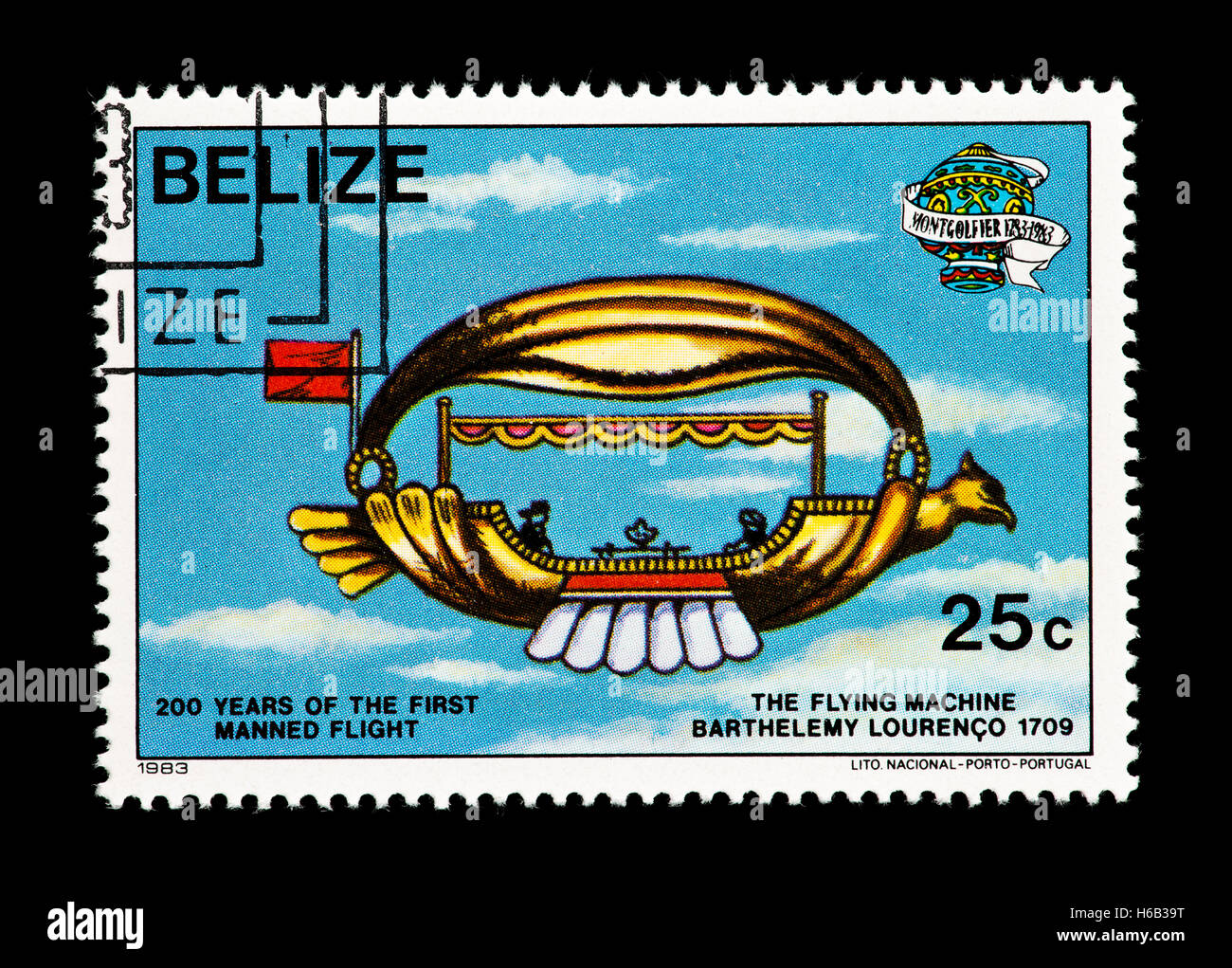 Postage stamp from Belize depicting a flying machine from 1709 ...