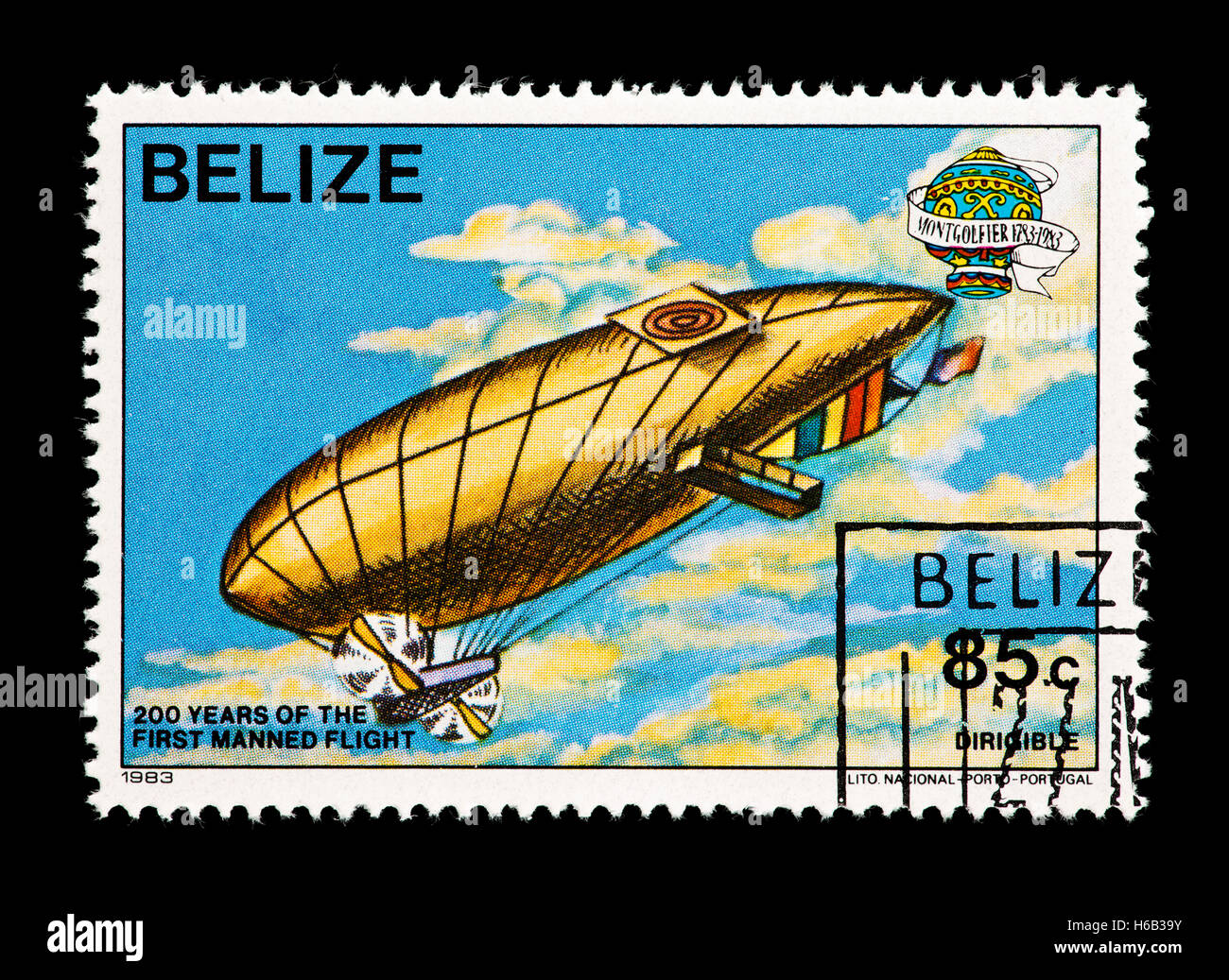 Postage stamp from Belize depicting a dirigible, bicentennial of first ...