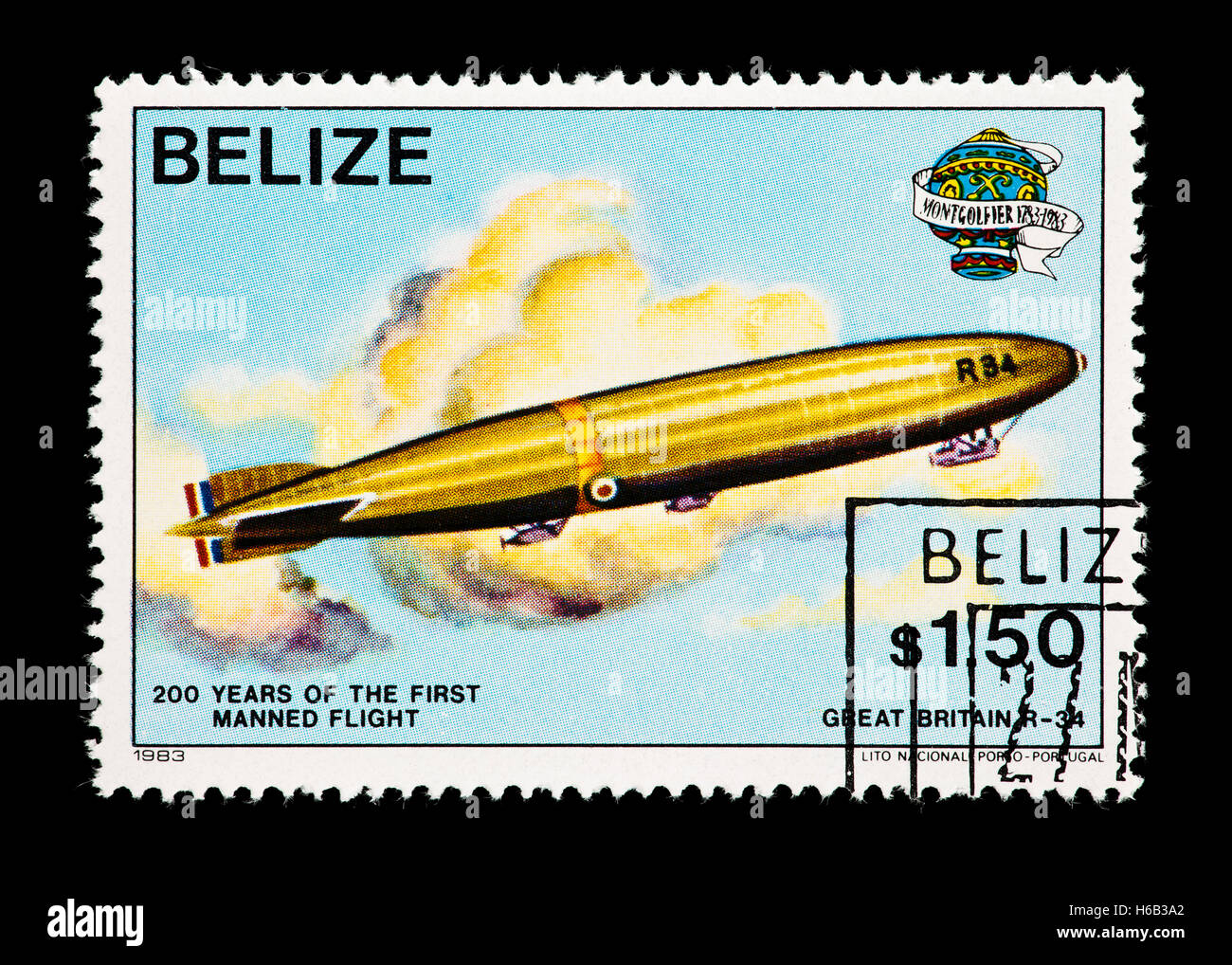Postage stamp from Belize depicting R-34 airship from Great Britain ...